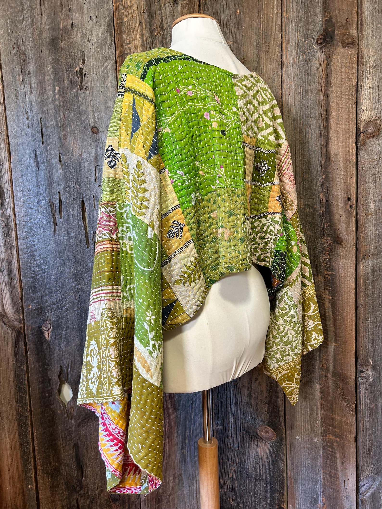 Reversible Kantha Poncho: Upcycled Sari Fabric, Boho Bell Sleeves - Etsy