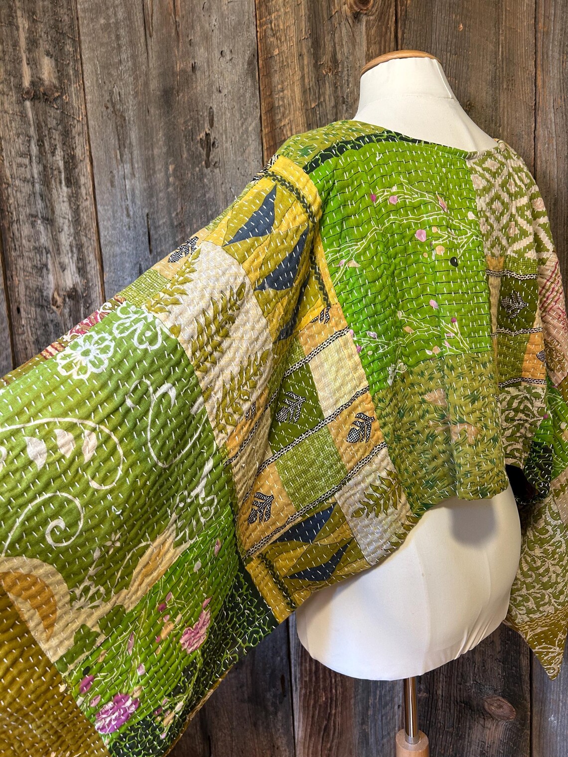 Reversible Kantha Poncho: Upcycled Sari Fabric, Boho Bell Sleeves - Etsy