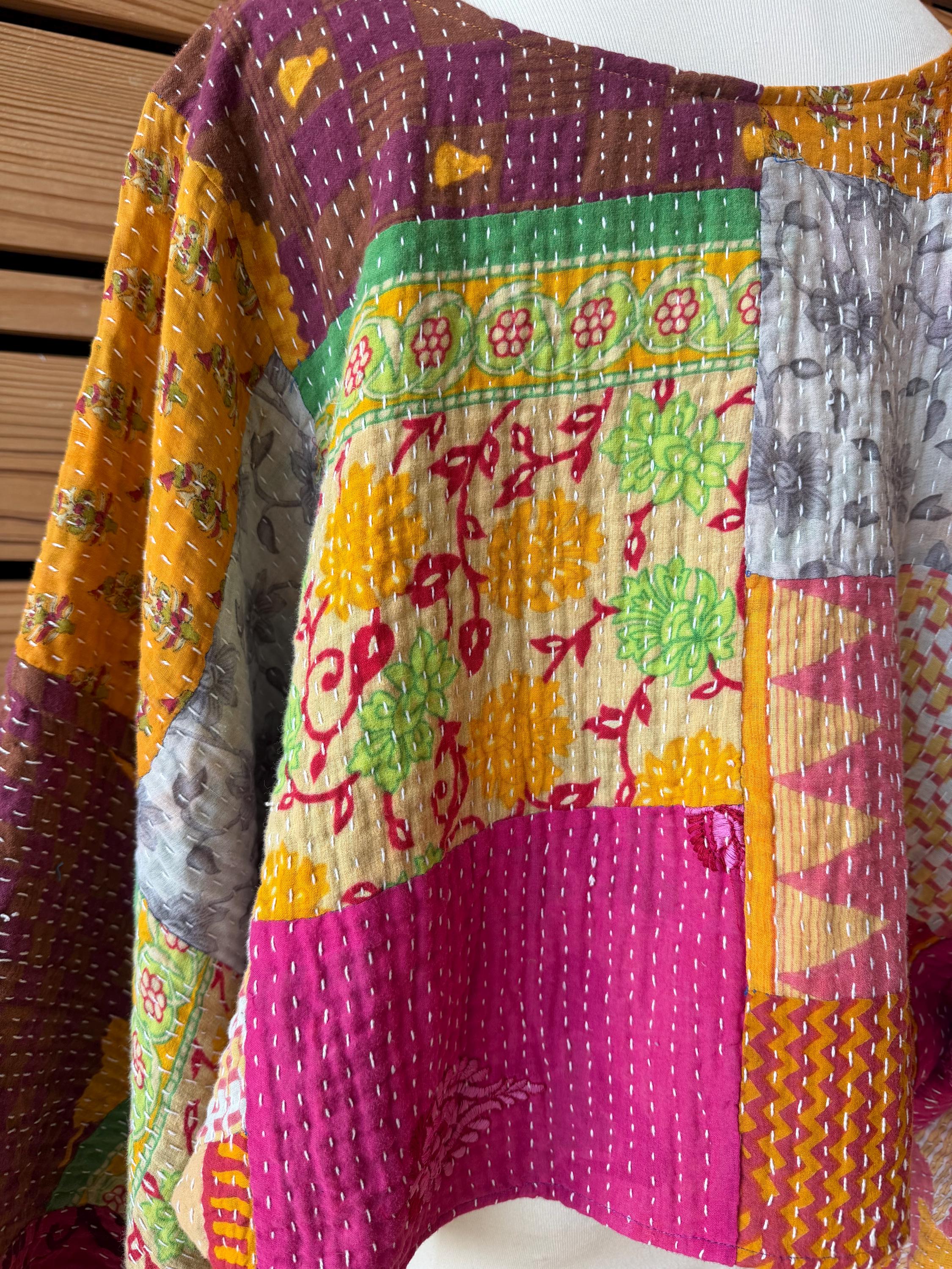 Reversible Kantha Poncho: Upcycled Sari Fabric, Boho Yoga Shrug - Etsy
