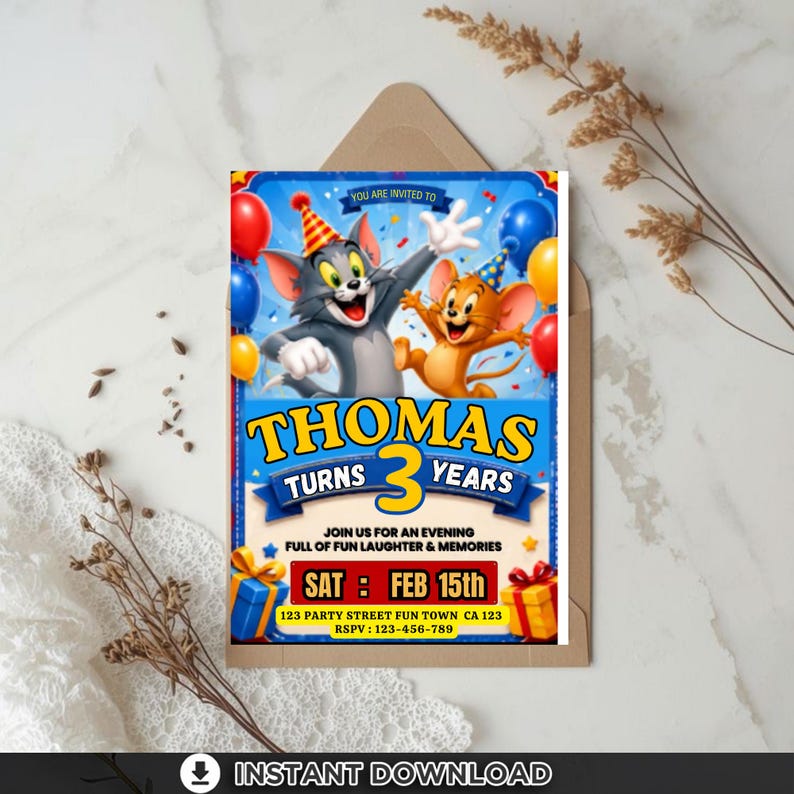 Editable Tom & Jerry Cartoon Simple Kids’ Birthday Invitation ...