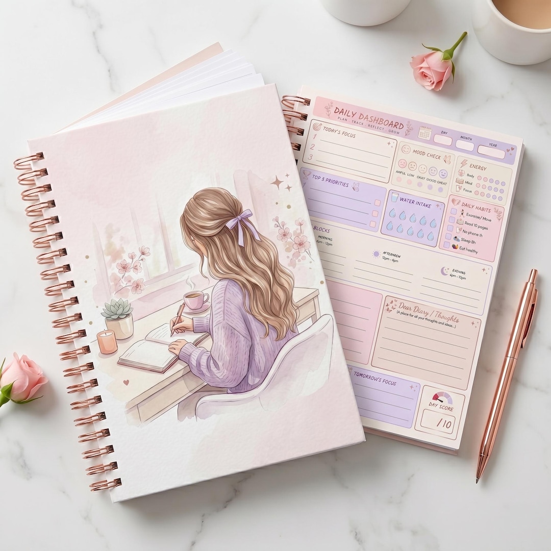 Pink Daily Dashboard Planner, Habit Mood Tracker, Self Care Journal (A4 ...