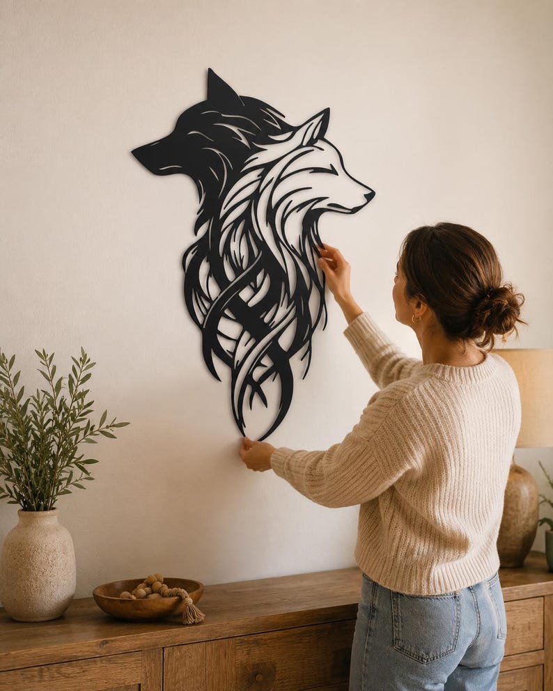 Black Metal Wolf Wall Art, Double Wolf Silhouette, Rustic Wildlife ...