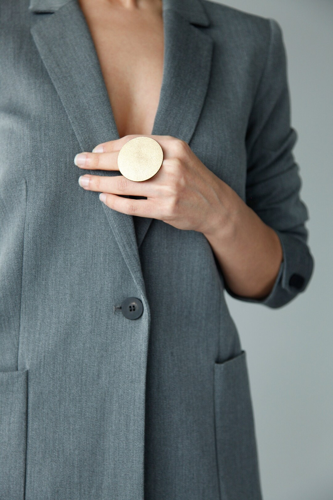 Extra Large Gold Disc Leather Ring Oversize Gold Ring Big Circle Ring ...