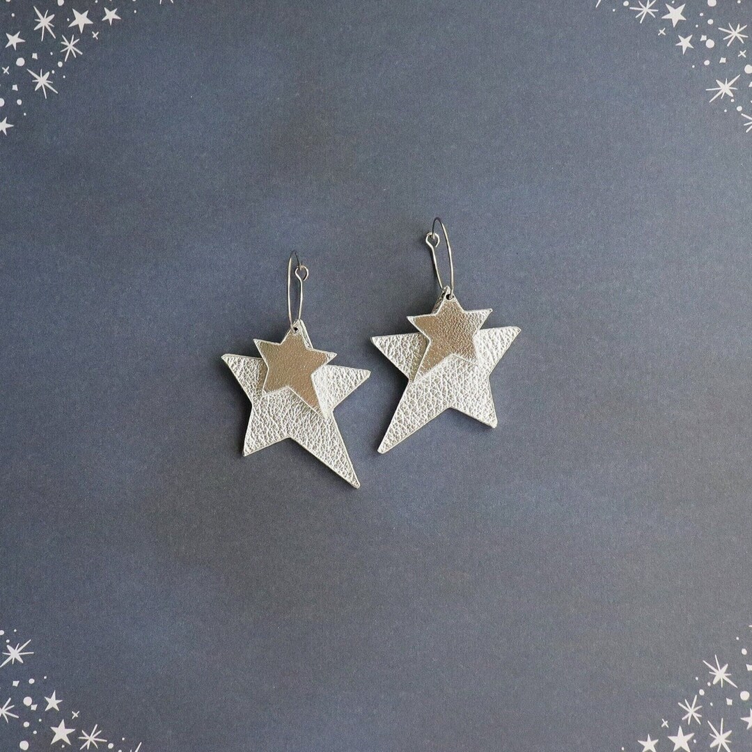 Silver Leather Dangle Star Earrings New Year Earrings - Etsy