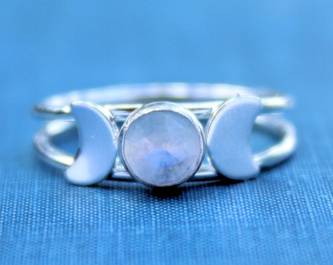 Triple Moon Ring Rainbow Moonstone Sterling Silver Ring Witch Ring Moon ...