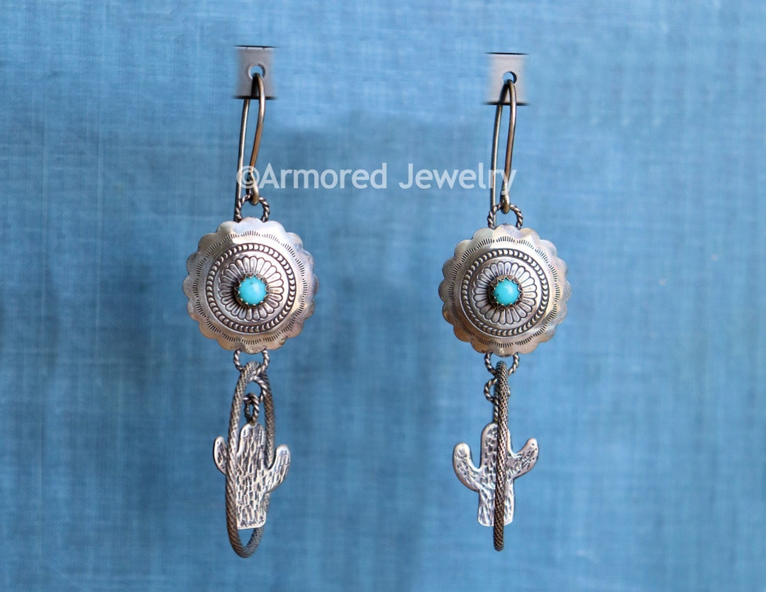 Sterling Silver Concho Cactus Turquoise Earrings, Southwest Earrings ...