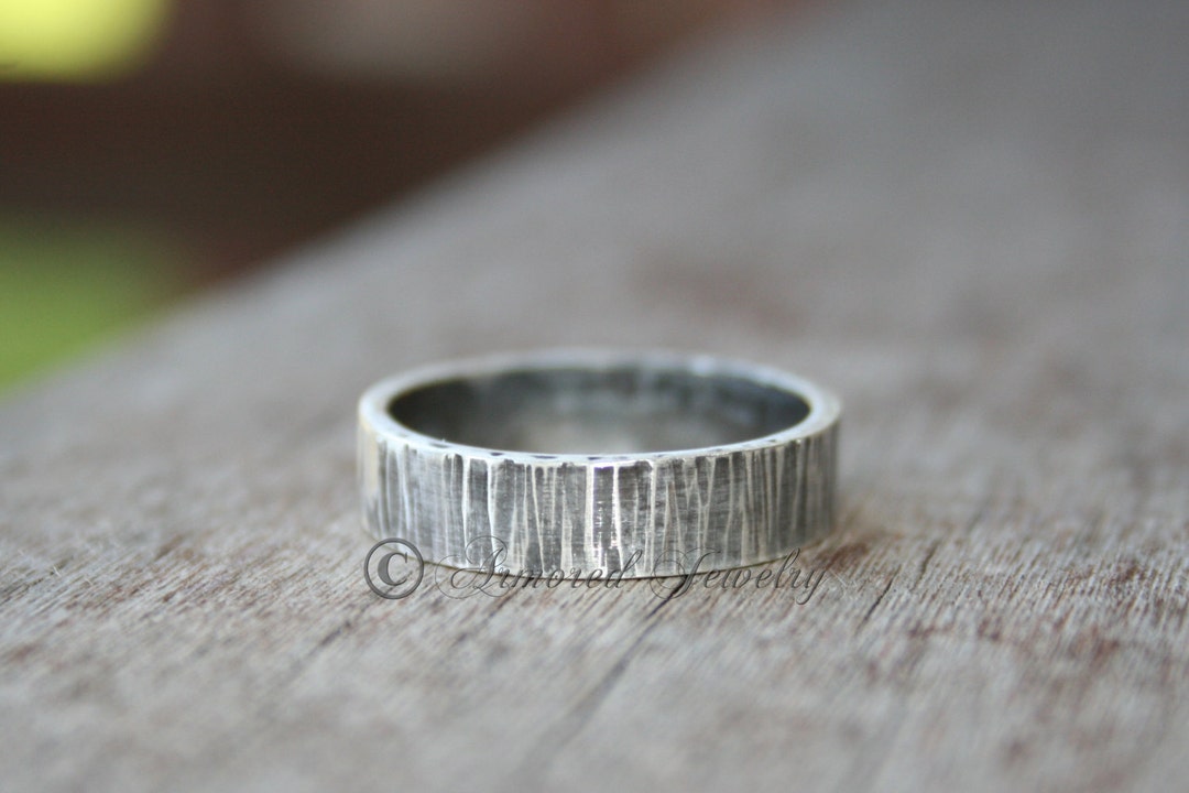 Sterling Silver Tree Bark Textured Ring Band, Wood Grain, Wedding Ring ...