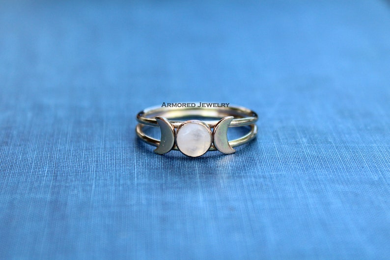 Gold Double Band Rainbow Moonstone Triple Goddess Ring, Moon Phase Ring ...