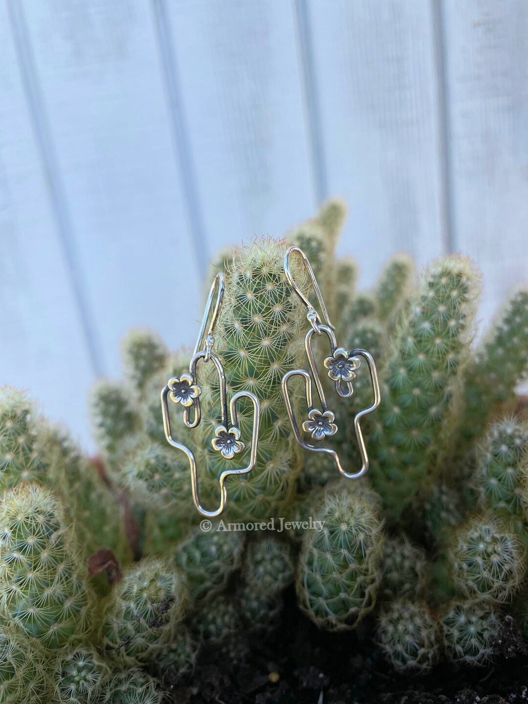 Sterling Silver Blooming Saguaro Cactus Outline Earrings, Western Texan ...