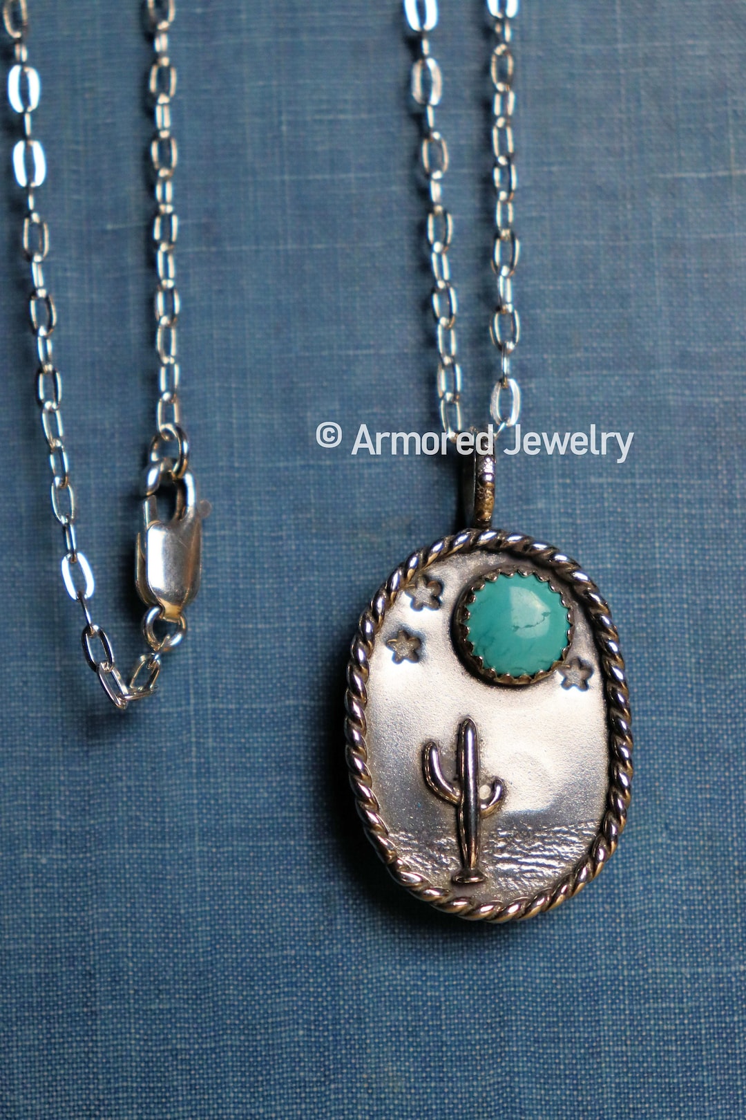 Sterling Silver Cactus & Turquoise Desert Landscape Pendant, Southwest ...