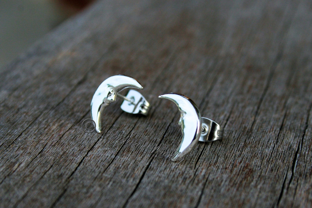 Moon Earrings, Sterling Silver Studs, Quarter Moon, Crescent Moon, Moon ...