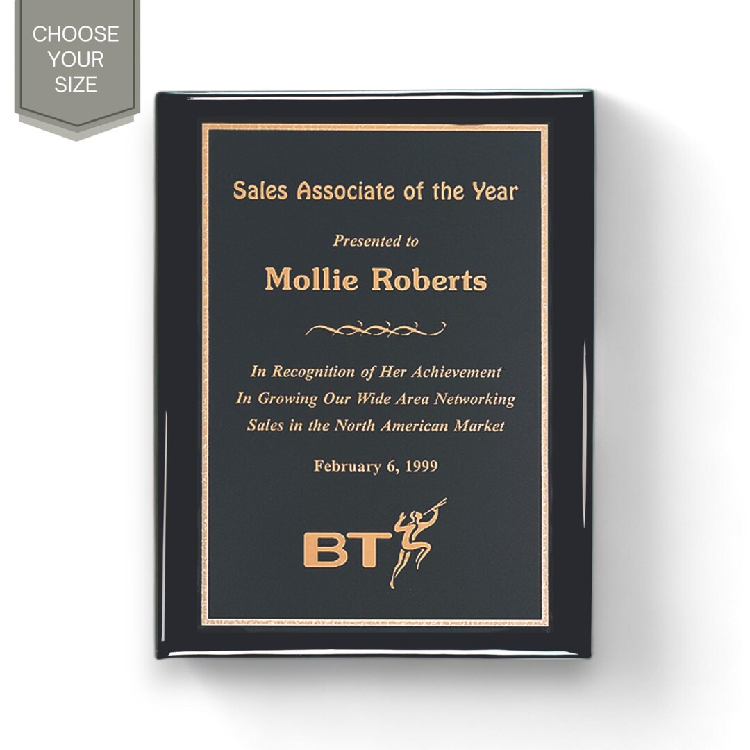 Award Plaques, Engraved Black Piano Finish Wall Plaque With Black Brass ...