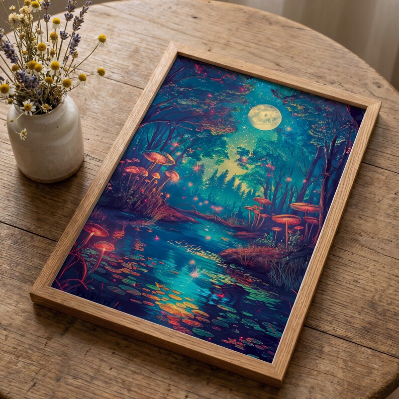 Enchanted Mushroom Forest Print | Moonlit Magical Wall Art, Mystical ...