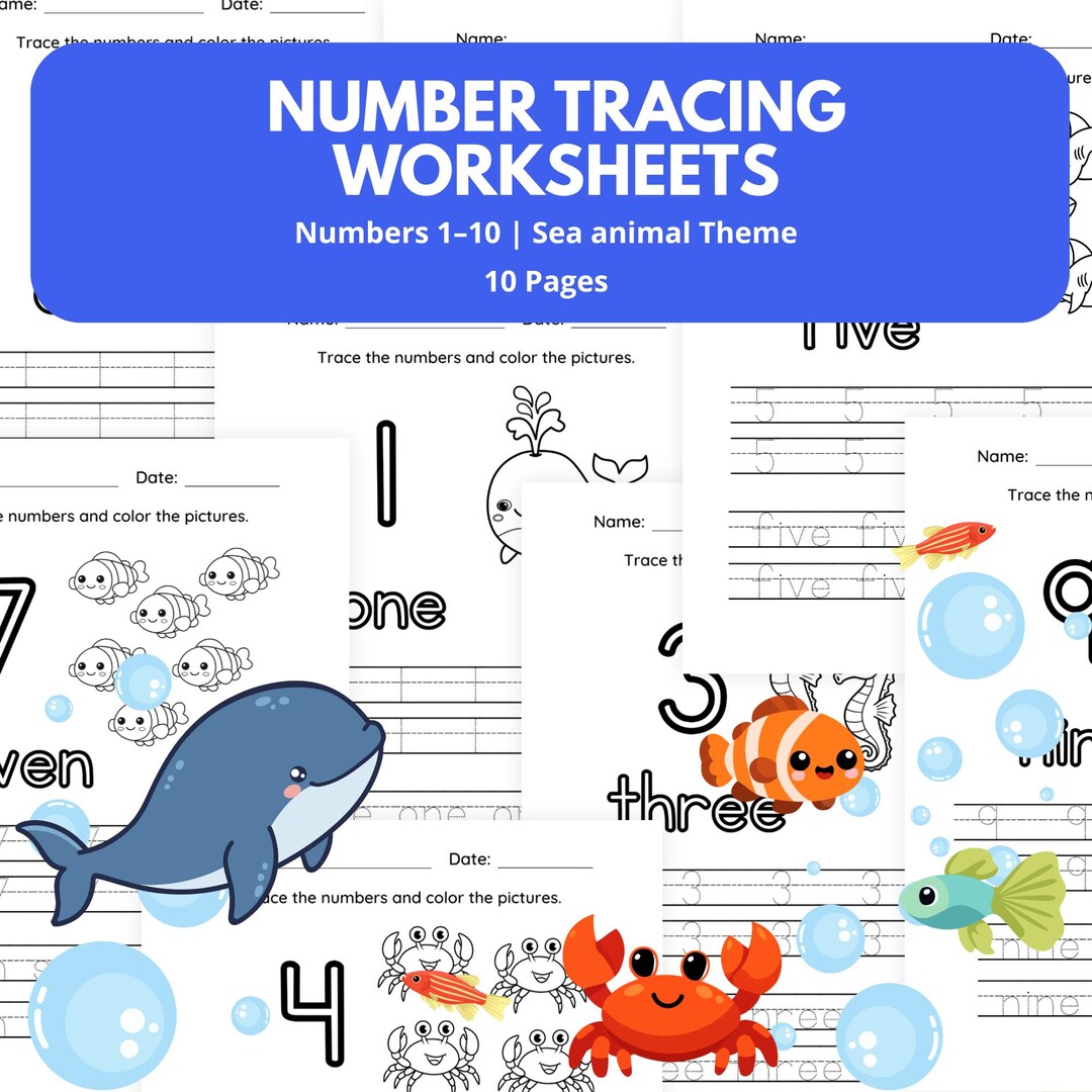 Ocean Number Tracing Worksheets 1-10 | Sea Animals Preschool Printable ...