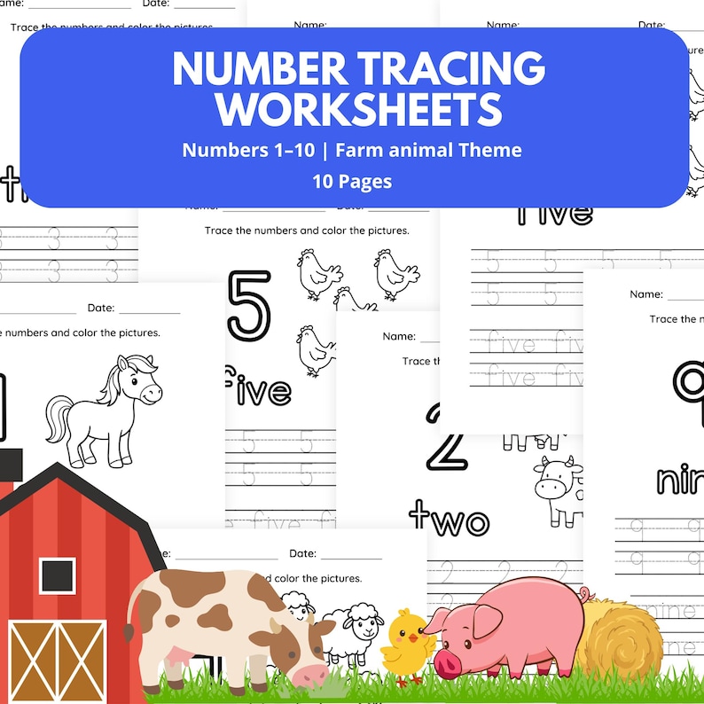 Farm Animal Number Tracing Worksheets 1-10 | Preschool Counting ...