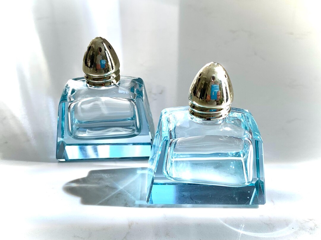 Blue Cut Glass Salt & Pepper Shakers Vintage Clear Aqua Crystal W ...