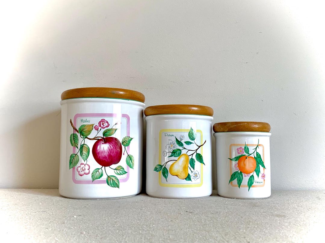 Set of 3 Himark Botanical Fruit Themed Ceramic Canisters Malus apple Pirum pear Peach persicum ...