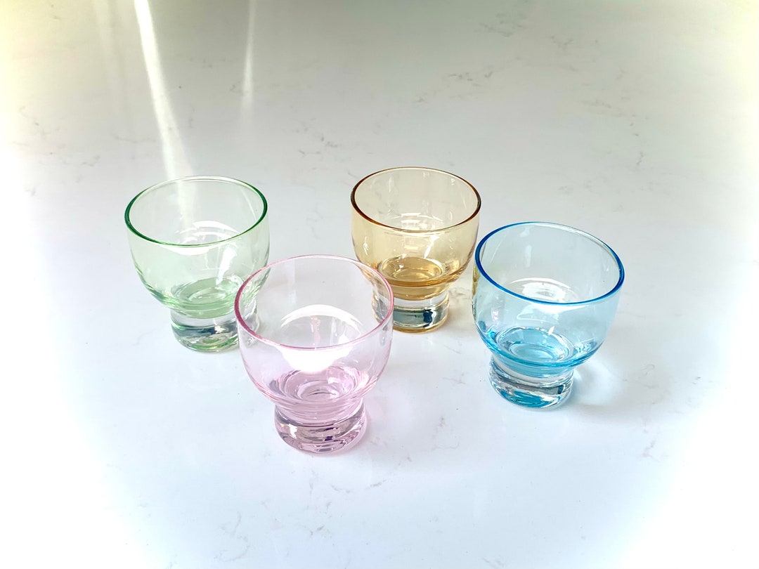 Set of 4 Glass Sake Cups Vintage Small Footed Glasses in Pastel Colors ...