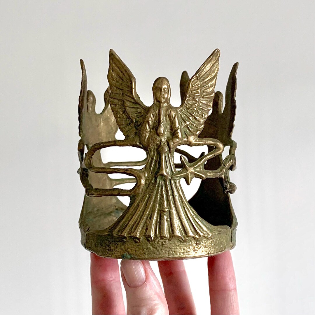 Vintage Solid Brass Angel Candle Holder Pillar Size Three Angels Decor ...
