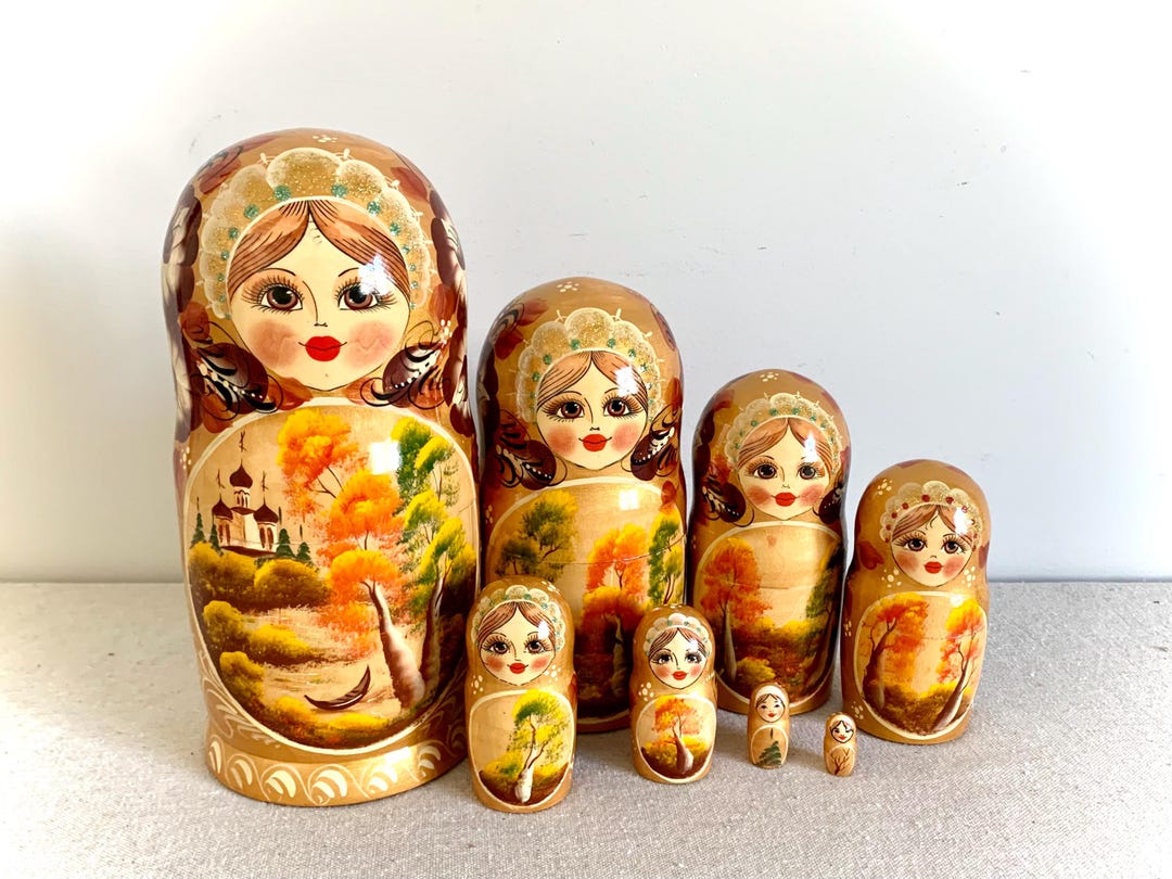 Vintage 8 Pc. Matryoshka Russian Nesting Doll Set 11" Size Hand Painted ...