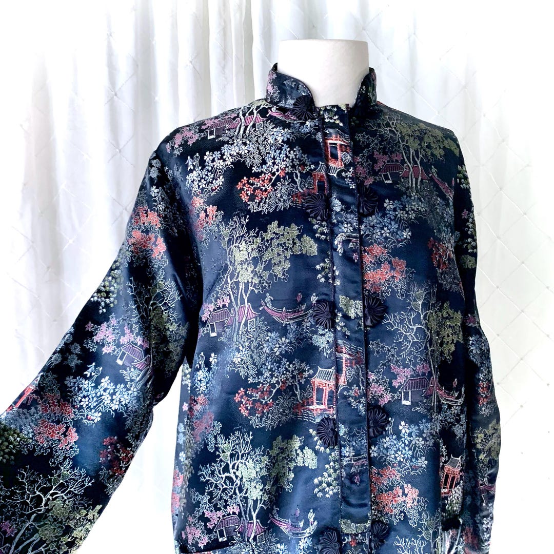 Vintage Chinese Brocade Satin Jacket Metallic Pagodas & Trees on Black ...