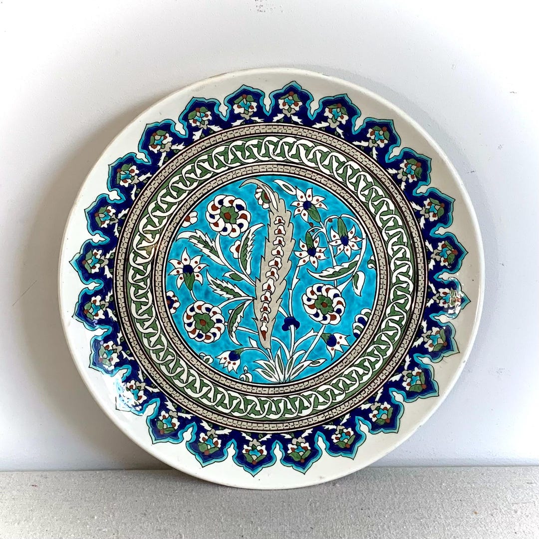 Vintage Turkish Pottery Plate by Elhamra Çini | Hand Painted Floral ...