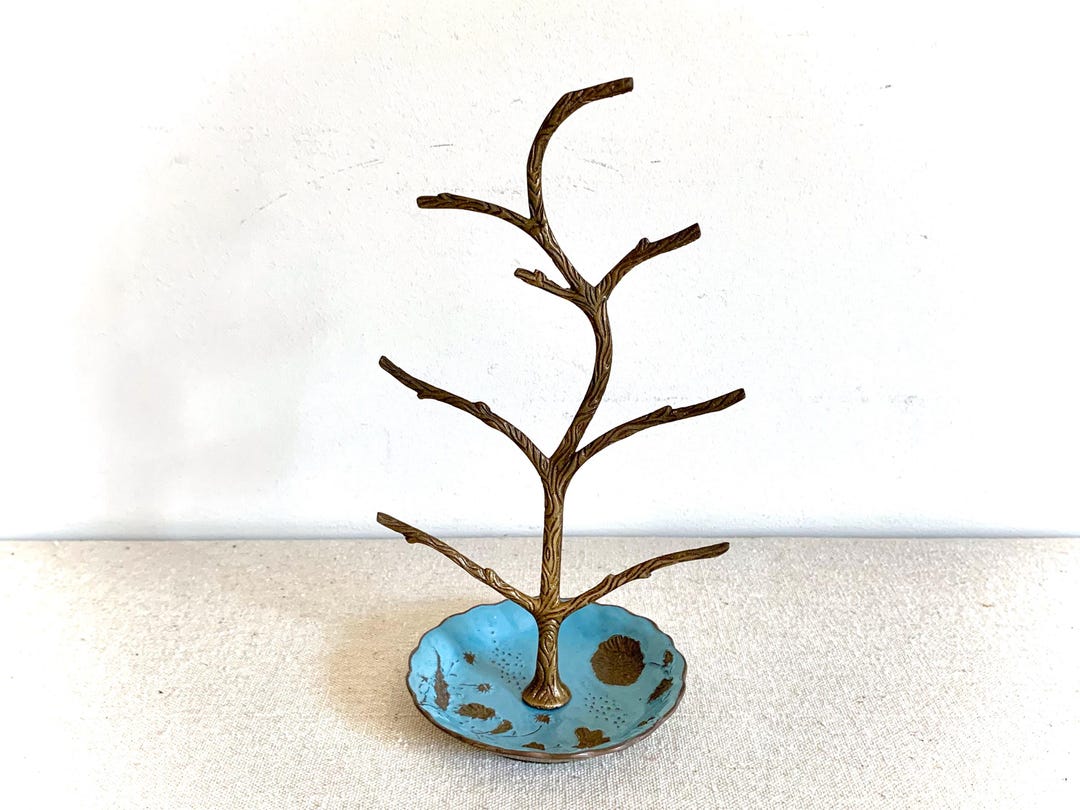 Vintage Brass Ring Tree W/ Branches & Blue Enameled Base Small Jewelry ...
