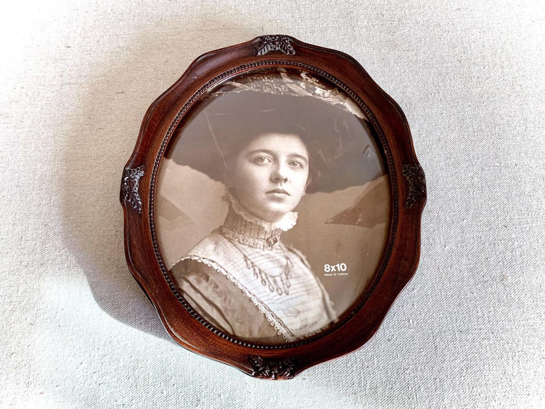 Vintage Oval Wood Photo Frame W/ Raised Convex Glass Dark Wood Frame ...