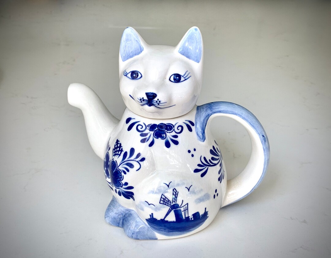 Vintage Blue Delft Cat Teapot Hand Painted DAIC Windmill and Flowers ...