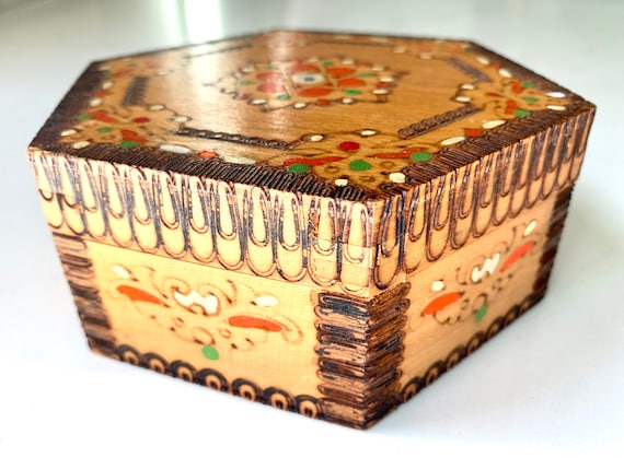 Vintage Pyrography Box Traditional East European Hexa… - Gem