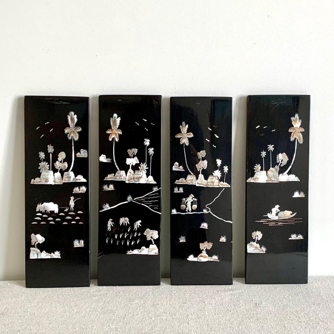 Vintage Lacquered Wood Asian Wall Art, Mother of Pearl Inlay Panels ...