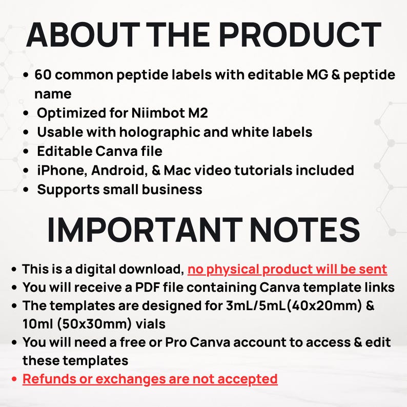 Editable Peptide Vial Label Templates | Niimbot M2, 40x20mm, 50x30mm ...