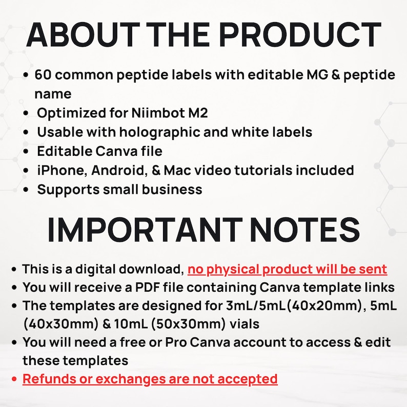 Editable Peptide Label Template | Niimbot M2 | 40x20mm 40x30mm 50x30mm ...