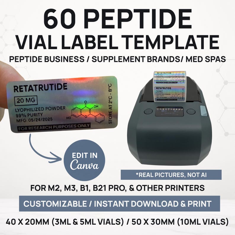 Editable Peptide Vial Label Templates | Niimbot M2, 40x20mm, 50x30mm ...