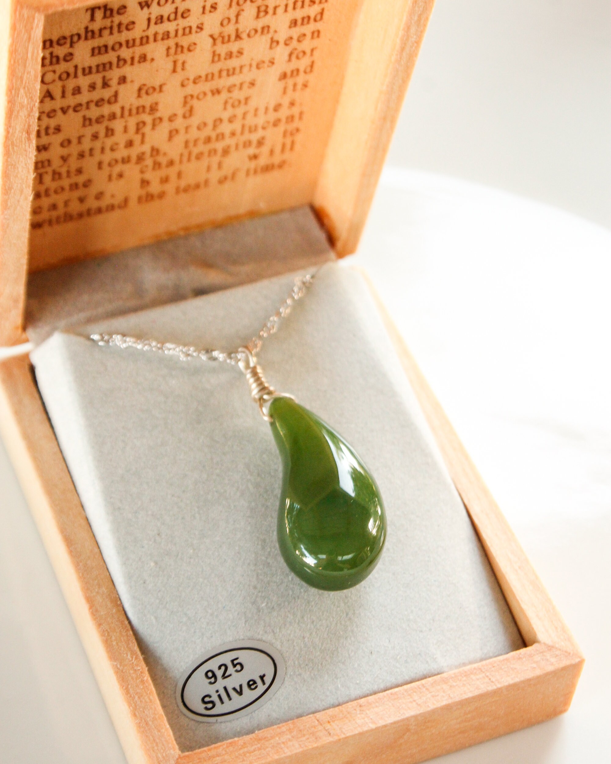 Sterling Silver Nephrite Jade Rain Drop Pendant: Hand Carved Good Luck ...