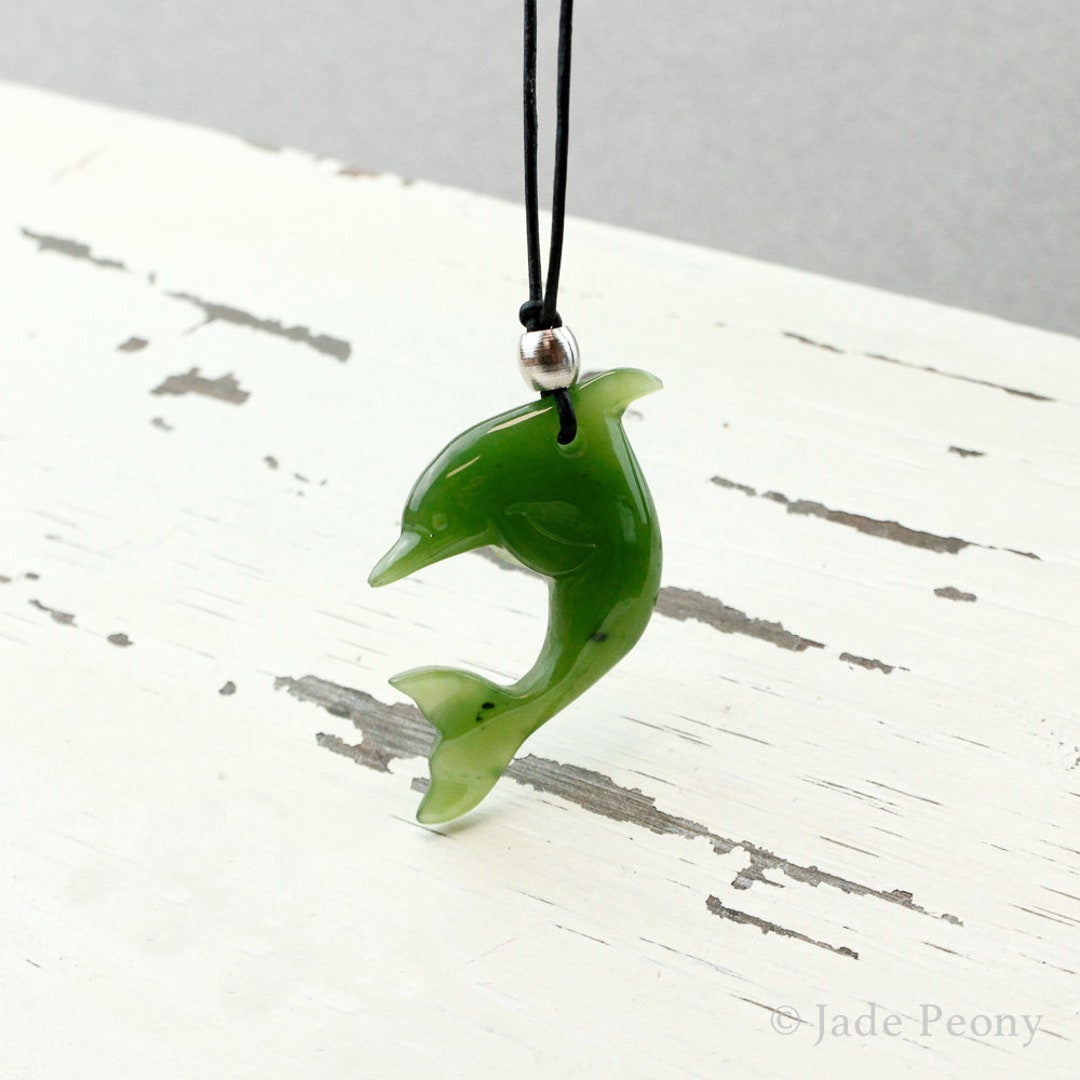 Nephrite Jade Dolphin Necklace - Carved Dolphin Pendant - Black Leather ...