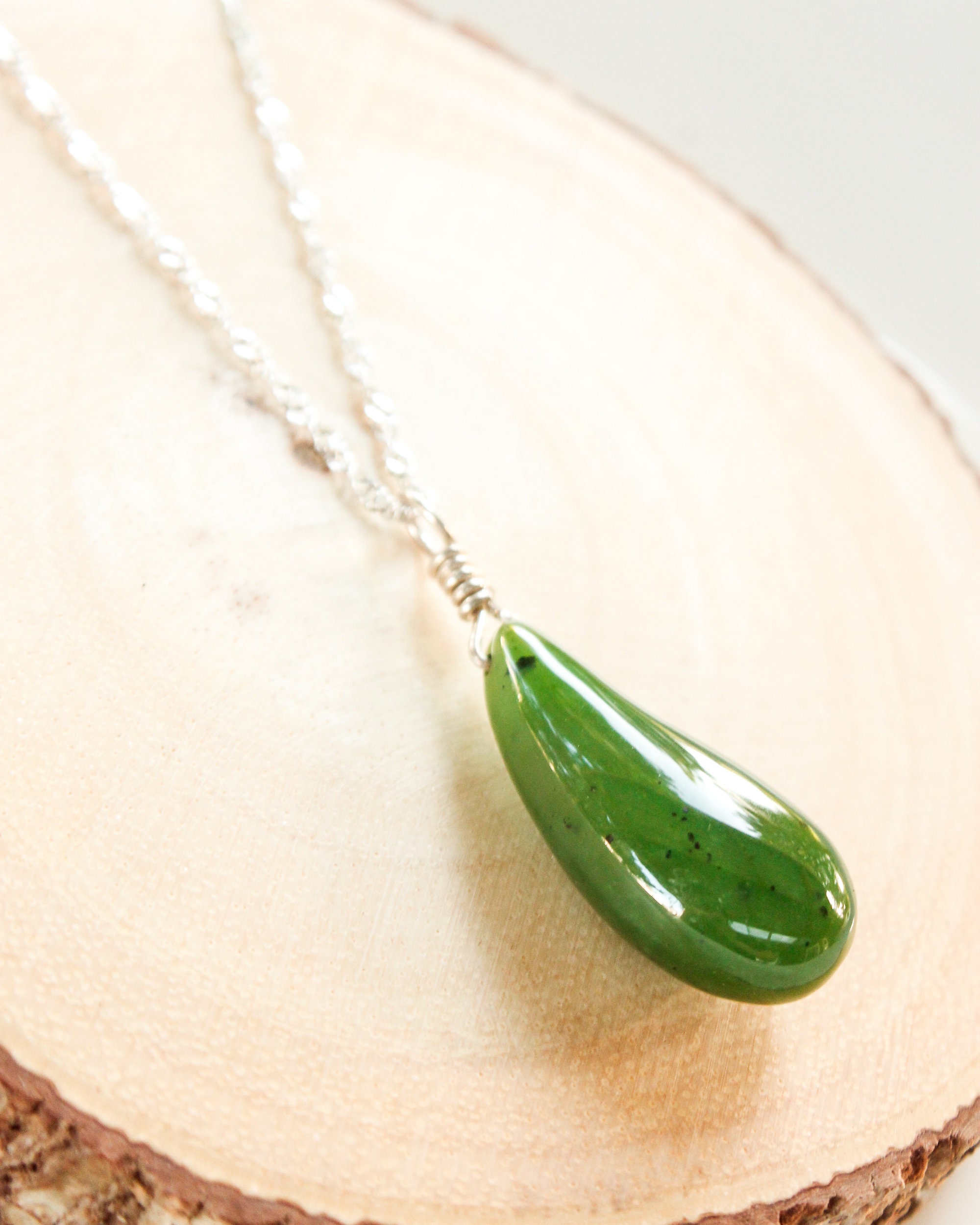 Sterling Silver Nephrite Jade Rain Drop Pendant: Hand Carved Good Luck ...