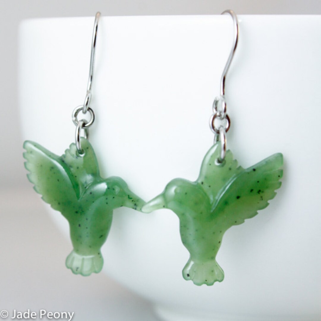 Green Jade Hummingbird Earrings - Emerald Green Jade - Sterling Silver ...