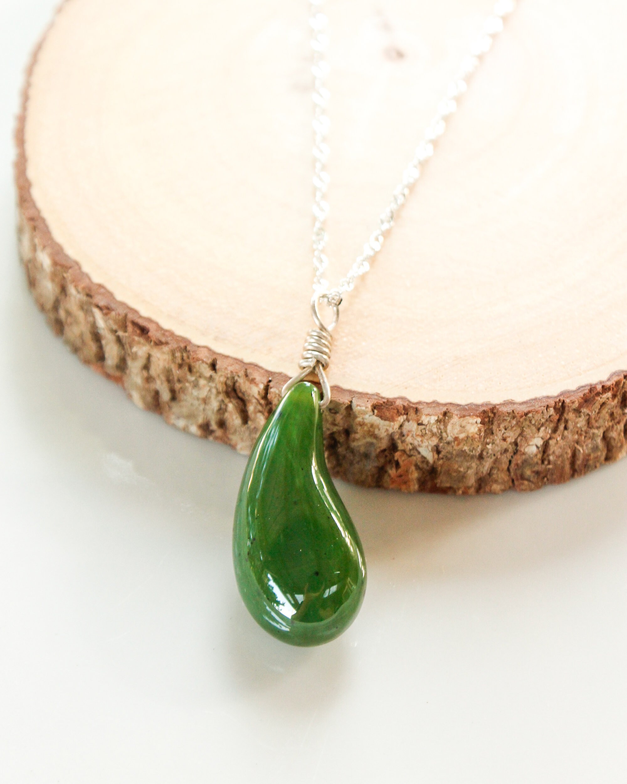 Sterling Silver Nephrite Jade Rain Drop Pendant: Hand Carved Good Luck ...