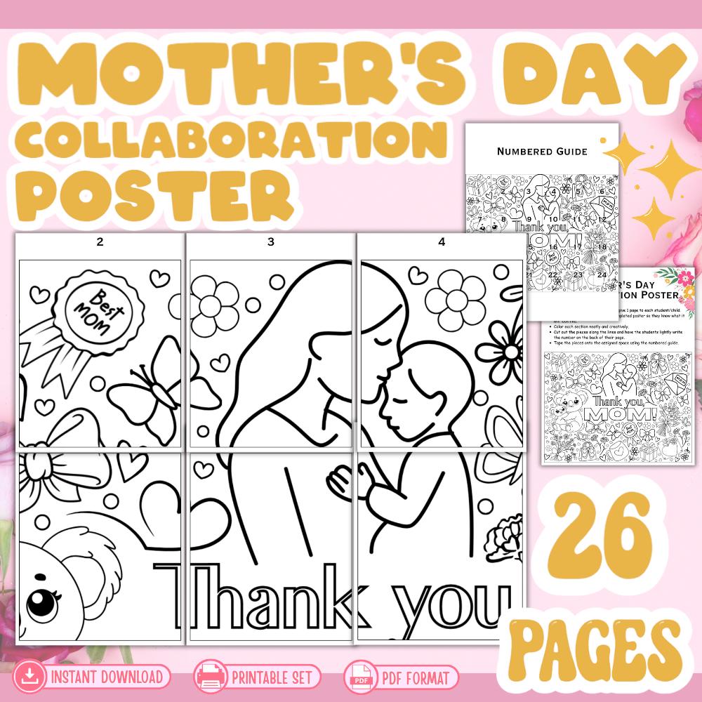 Mother’s Day Coloring Poster Activity for Kids, Thank You Mom Art ...
