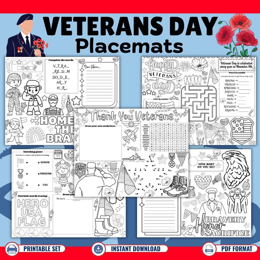 Veterans Day Coloring Activities Set (5 Pages), Patriotic Games, Kids ...
