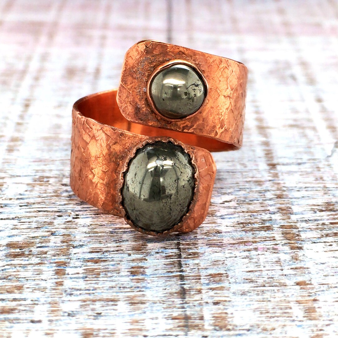 Copper Bypass Ring With Two Pyrite Cabochons Rustic Minimalist Size 8 ...