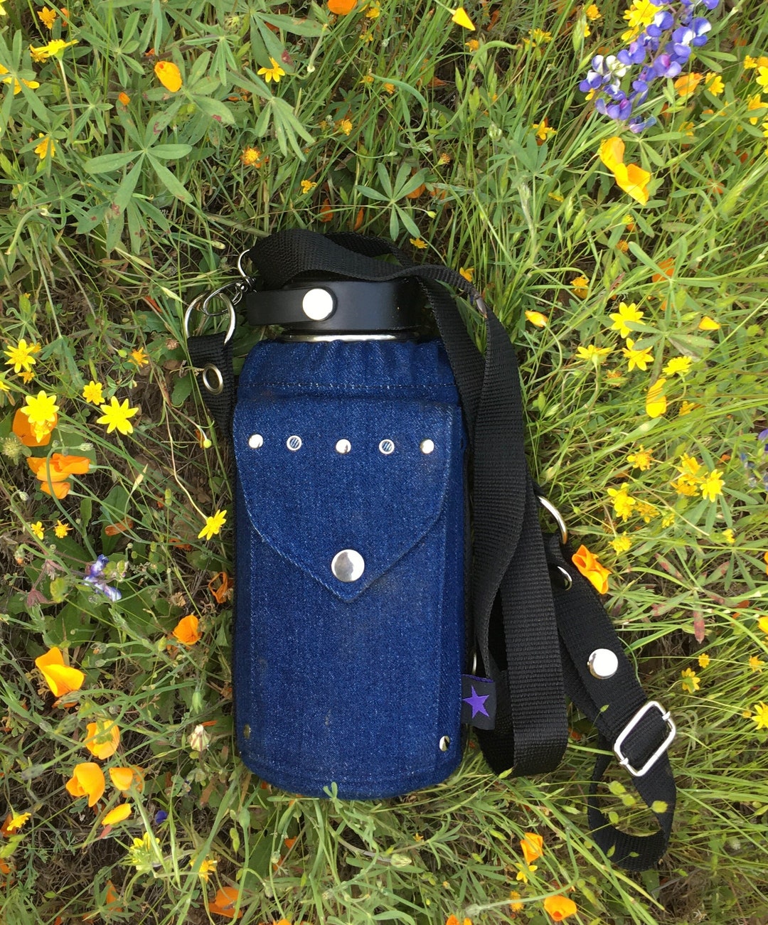 Denim Insulated Water Bottle Tote: Crossbody Carrier With Phone Pocket ...