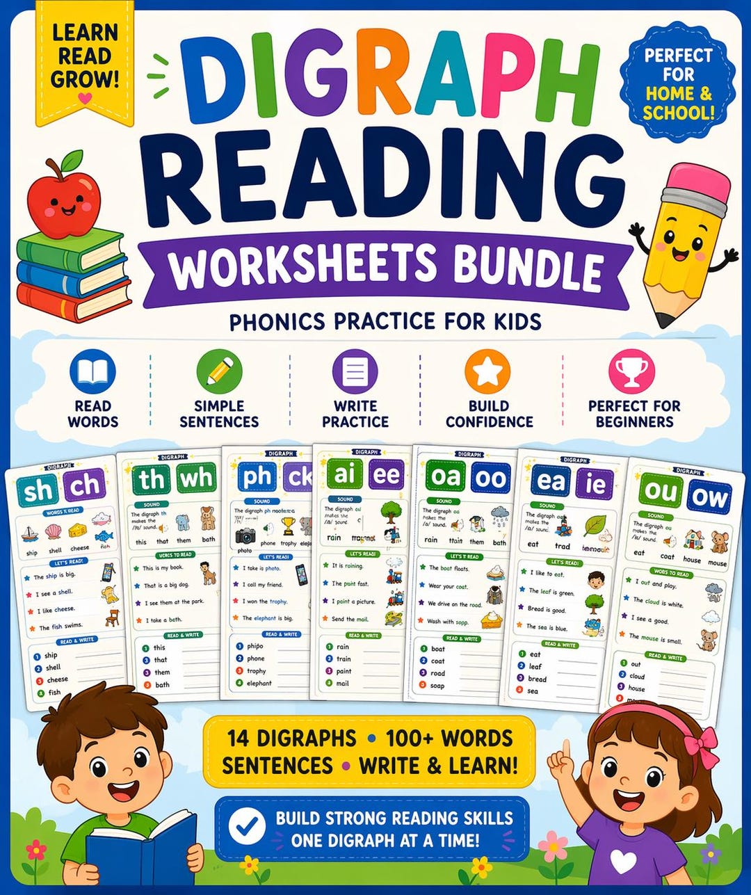 Digraph Reading Worksheets Bundle for Kids | Phonics Practice Printable ...