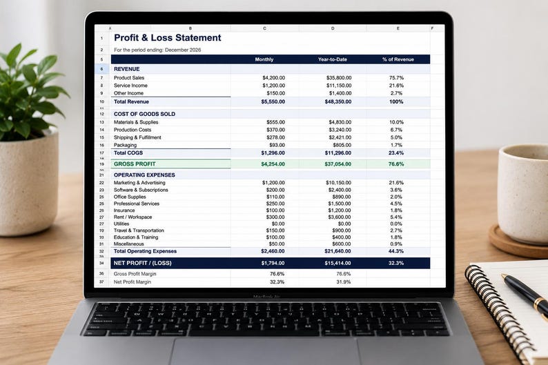 Profit and Loss Statement Template | Small Business P&L Spreadsheet ...