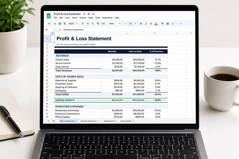 Profit and Loss Statement Template | Small Business P&L Spreadsheet ...