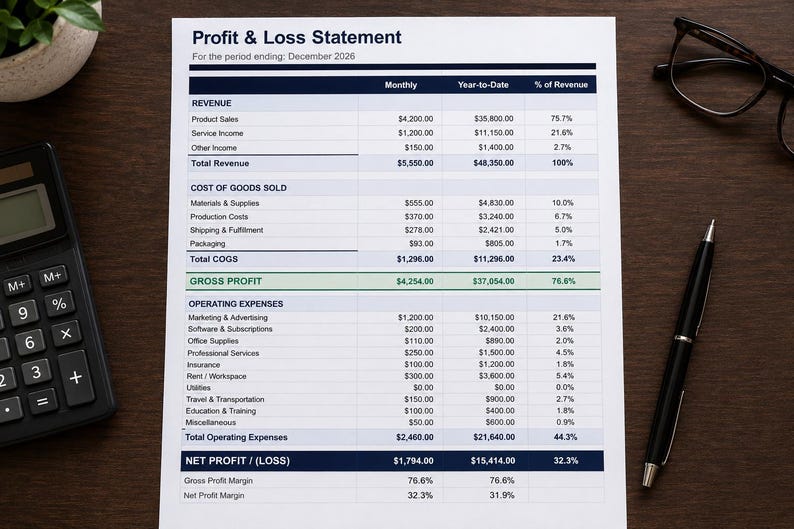 Profit and Loss Statement Template | Small Business P&L Spreadsheet ...