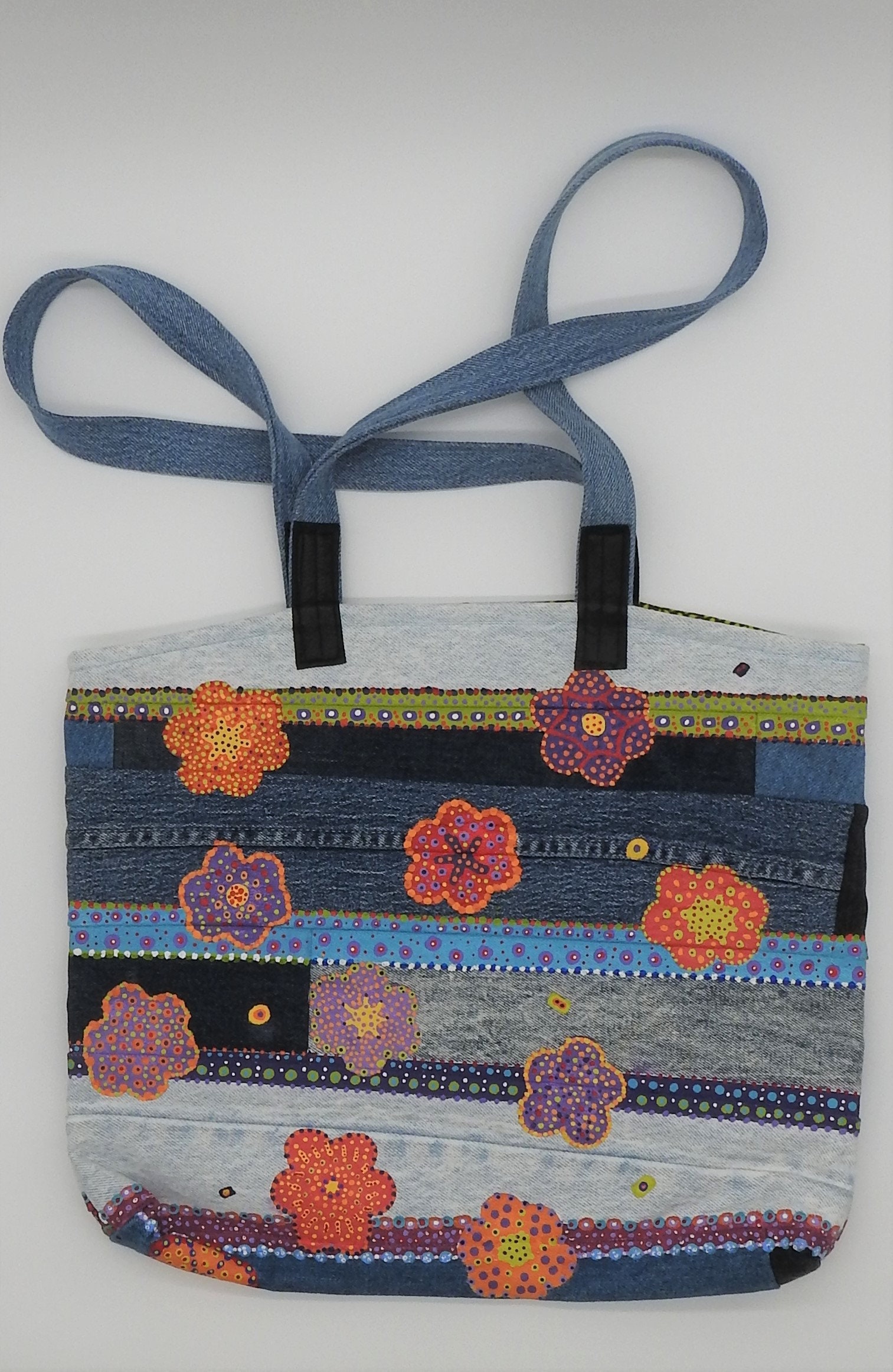 Denim Bag-hand Painted-modern Design-repurposed Denim Patchwork Design ...