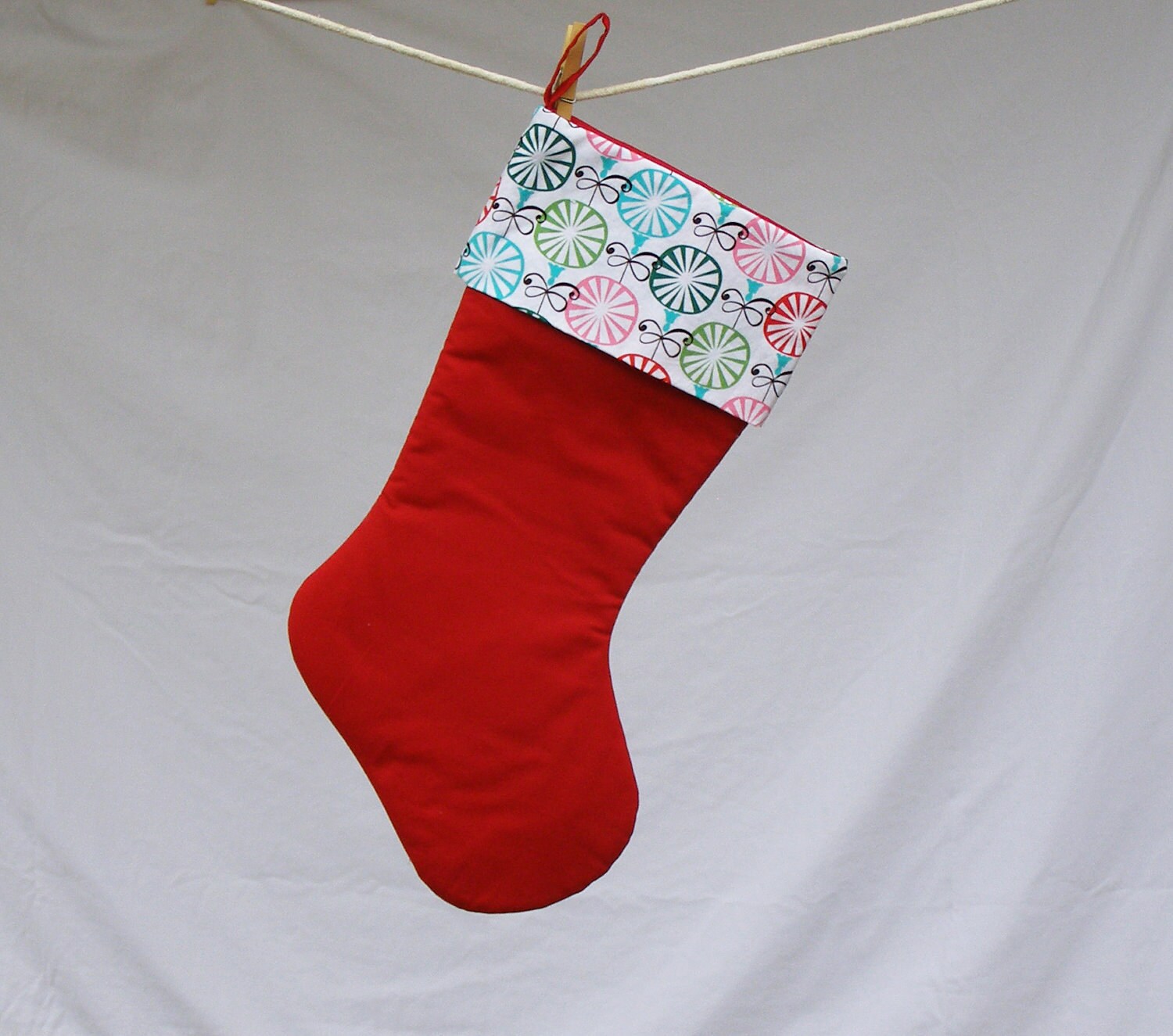 Modern Christmas Stocking- Red Fabric With Colorful Abstract Ornament ...