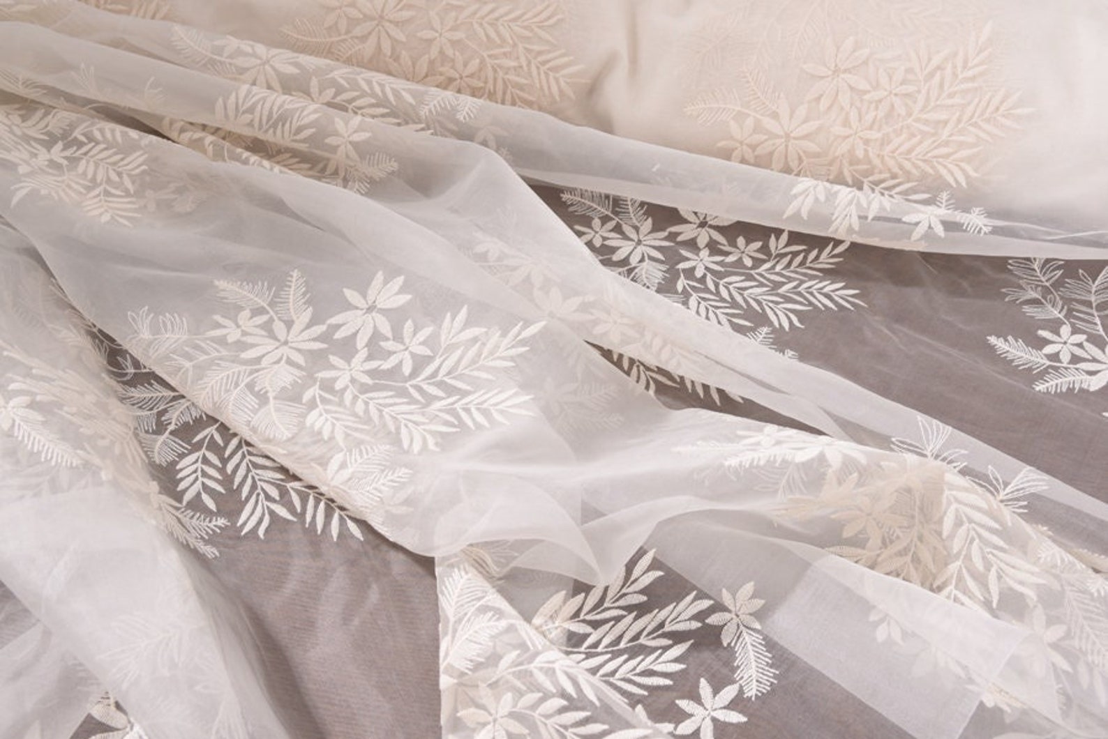 Transparent Embroidered Silk Organza Fabric, 55"/140cm, Fine Silk Stiff ...